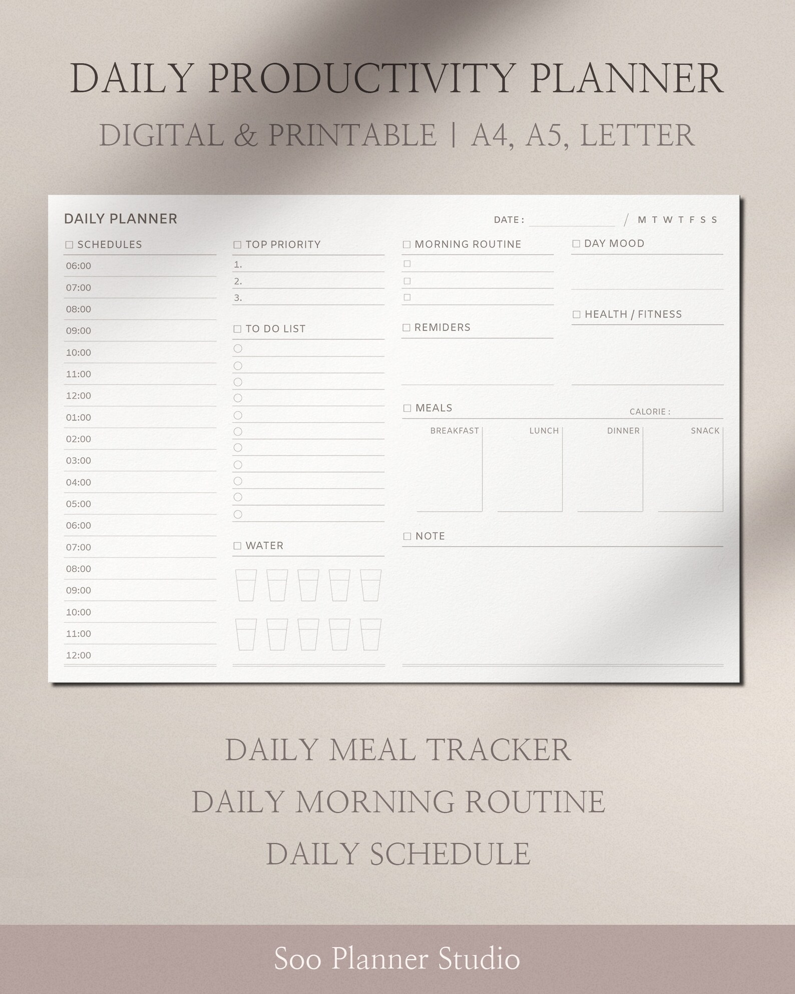 Horizontal Daily Planner Printable Digital Daily Planner Pdf Printable ...