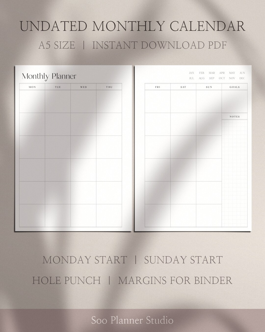 Undated Monthly Planner Template Perpetual Calendar Pdf - Etsy