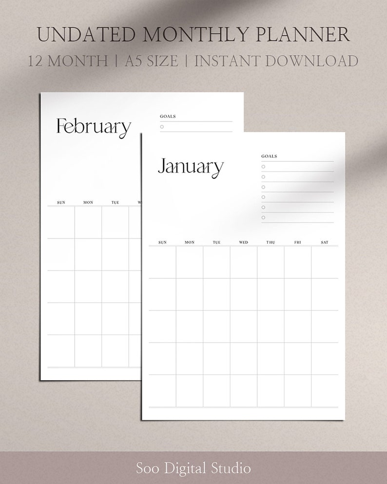 Undated Monthly Planner Printable 12 Month Planner for Students, A5 ...