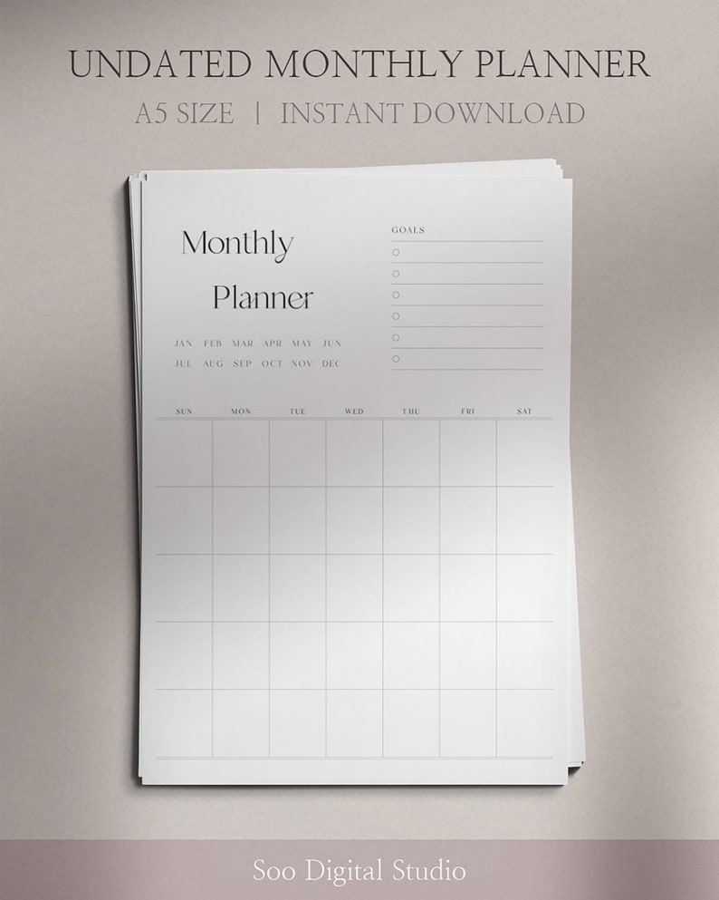 A5 Monthly Planner Printable | Undated Monthly Calendar Pdf, Digital ...