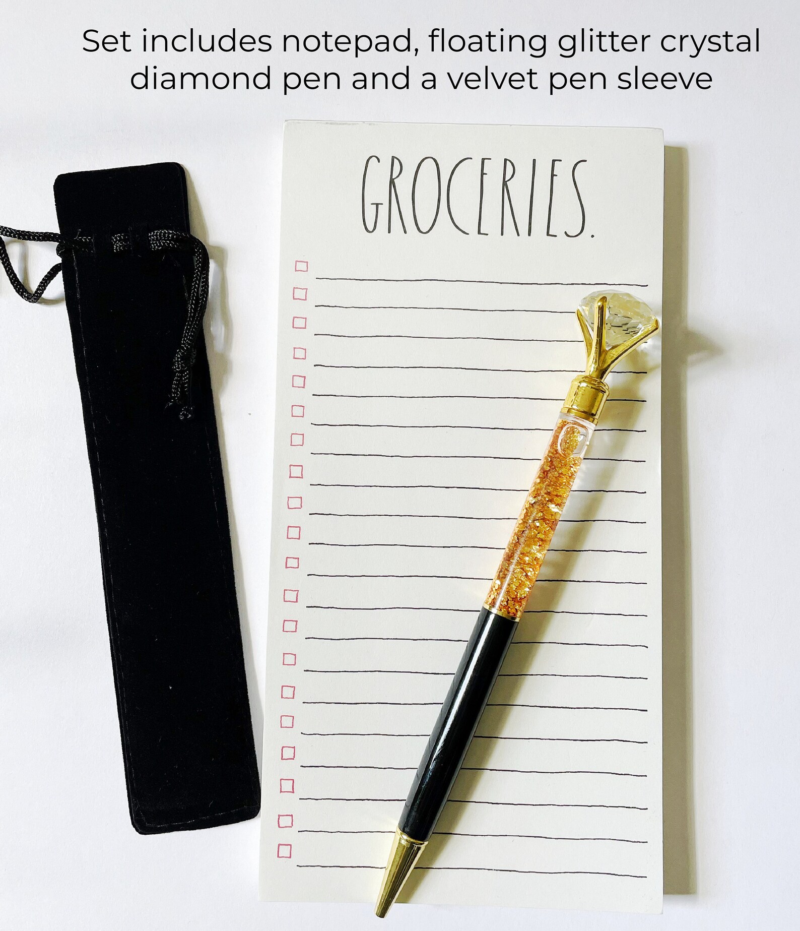 Notepad With Floating Glitter Crystal Diamond Pen and Velvet | Etsy