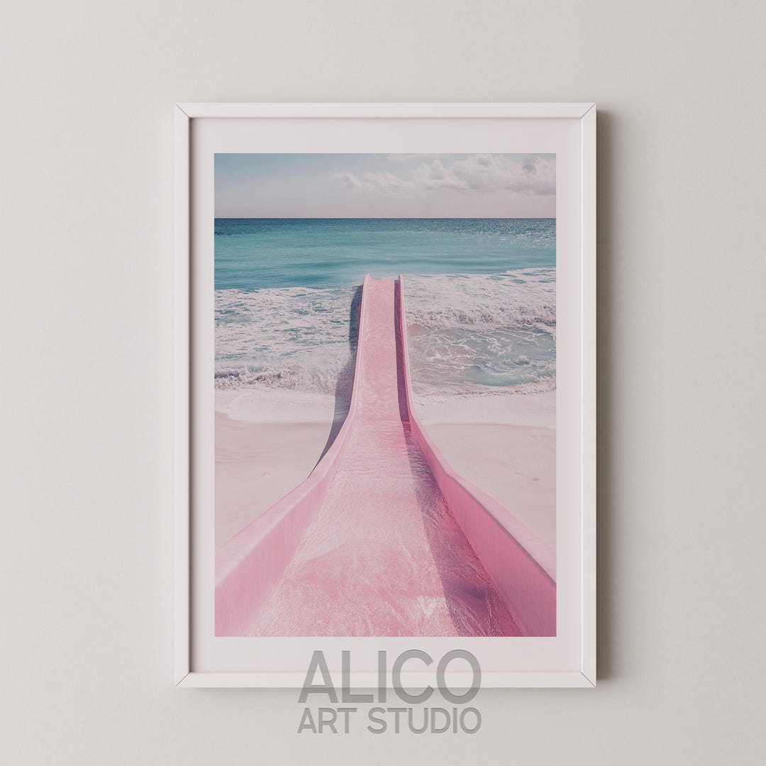 Pink Water Slide Print: Retro Beach Photography, Turquoise Ocean ...