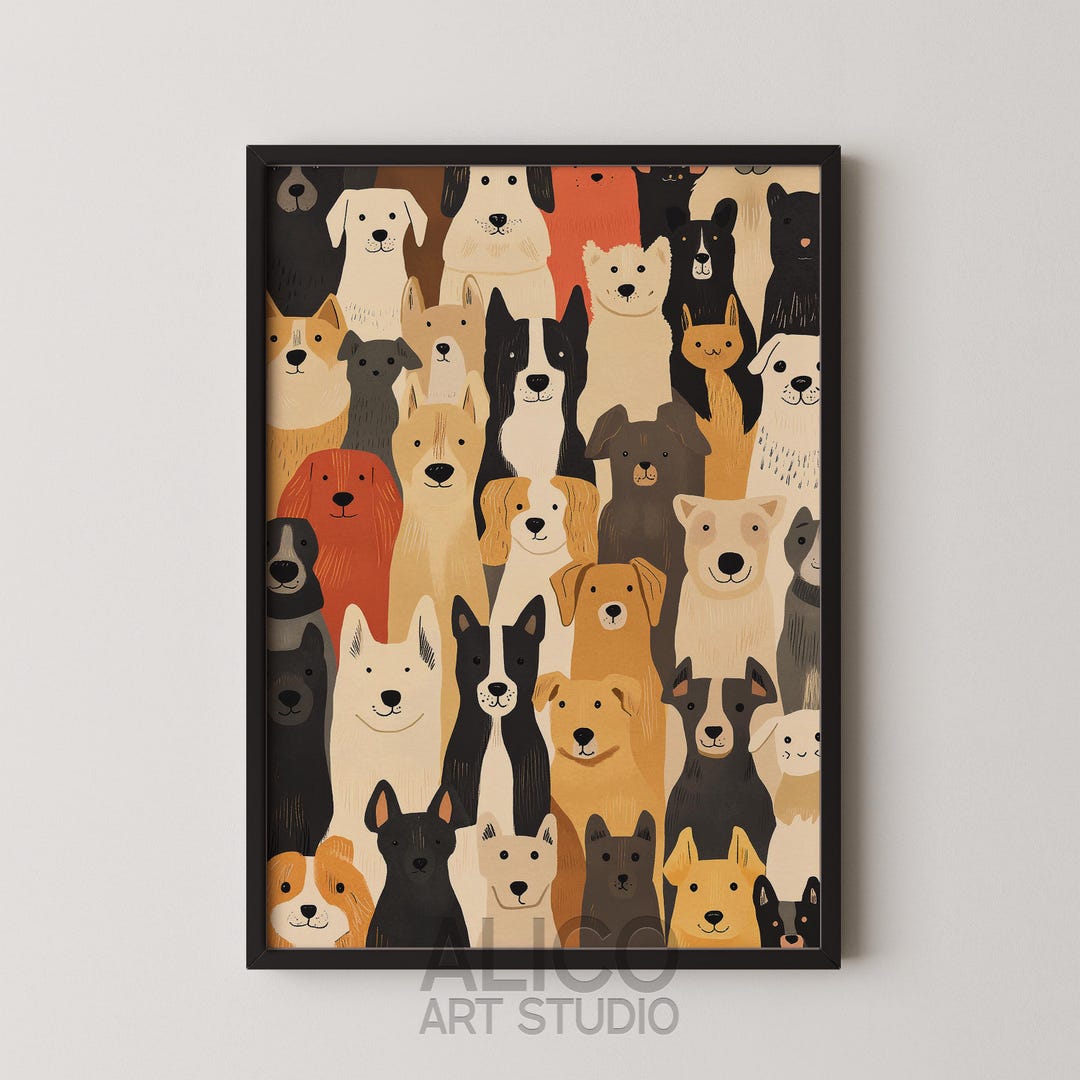 Funny Dog Wall Art, Boho Dogs Print, Dog Crowd Illustration Poster ...