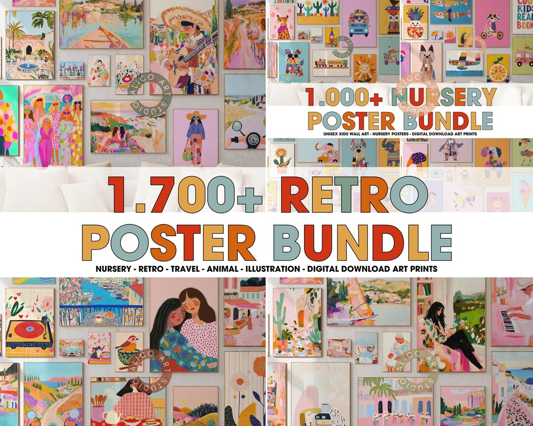 1700+ Retro Poster Bundle, Eclectic Wall Art, Colorful Illustration ...