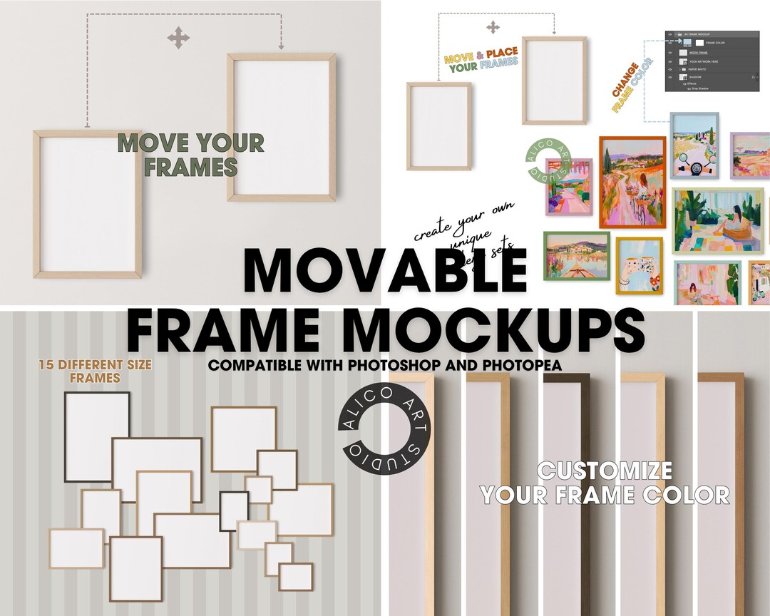 Movable Frame Mockups, Customizable Frame Mockup Bundle, Frame & Wall ...
