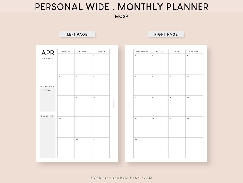 2025 Monthly Calendar Planner Insert: Personal Wide, Minimal Grid ...