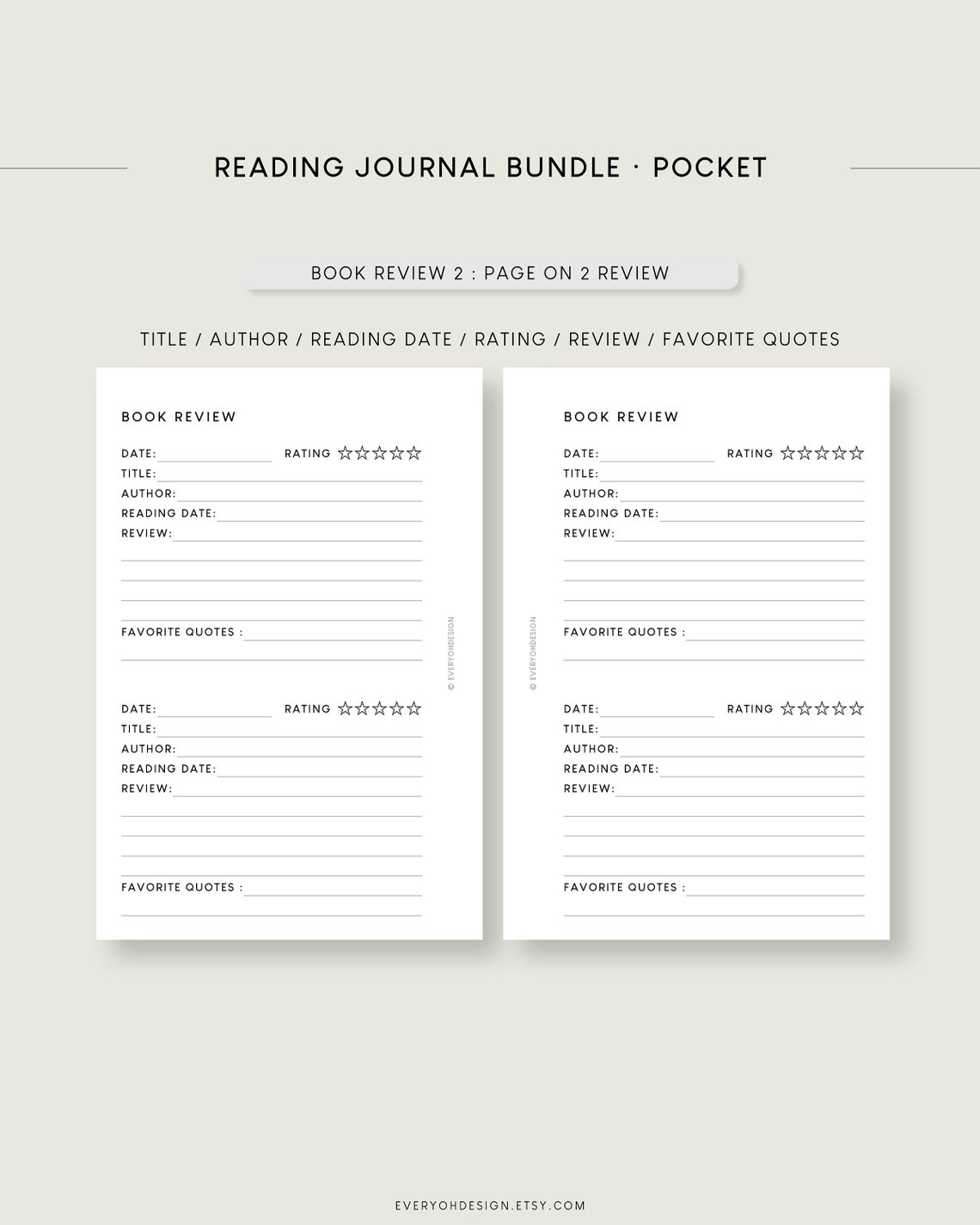 Pocket Reading Journal Bundle Printable Inserts Book Planner 6types ...