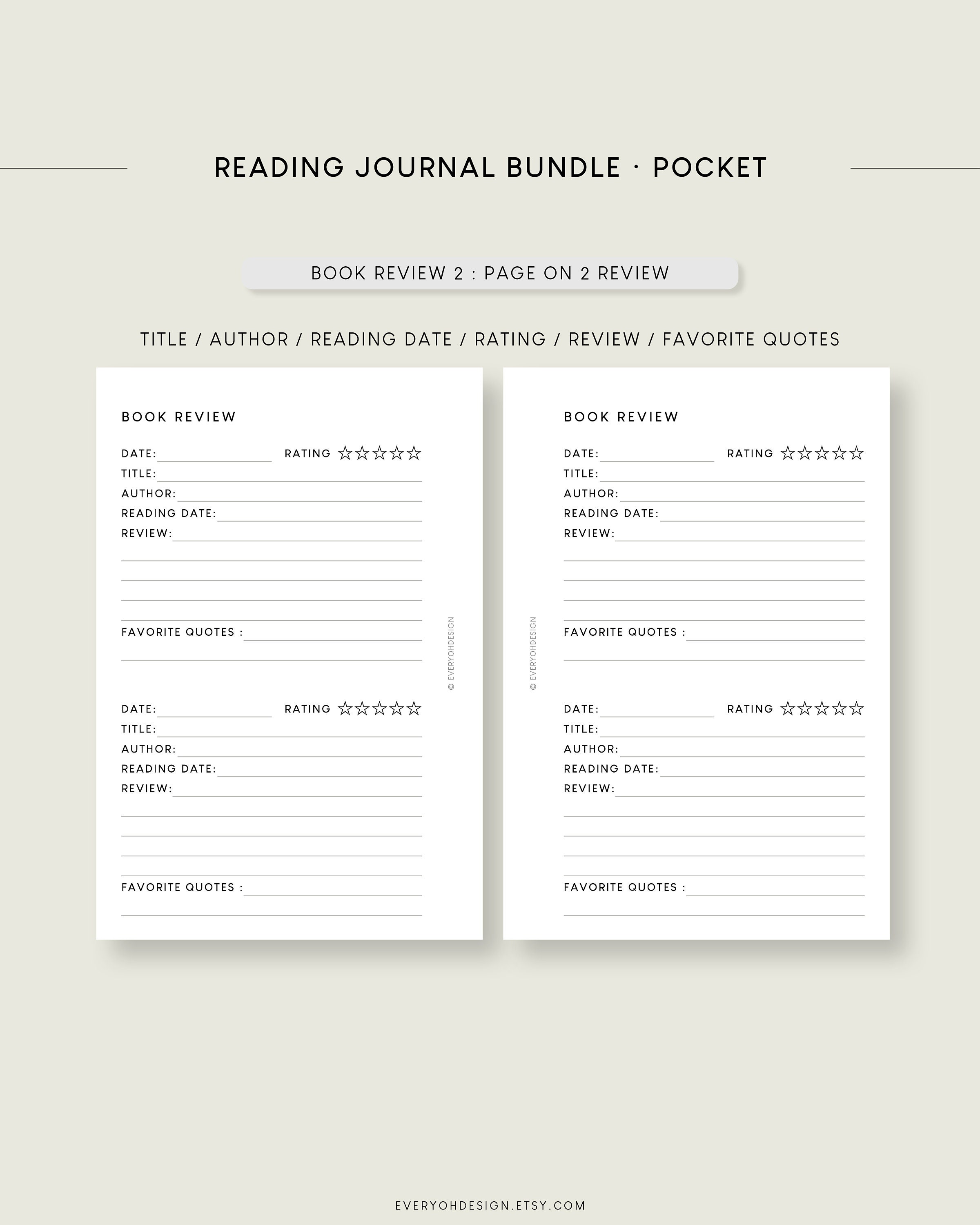 Pocket Reading Journal Bundle Printable Inserts Book Planner 6types ...