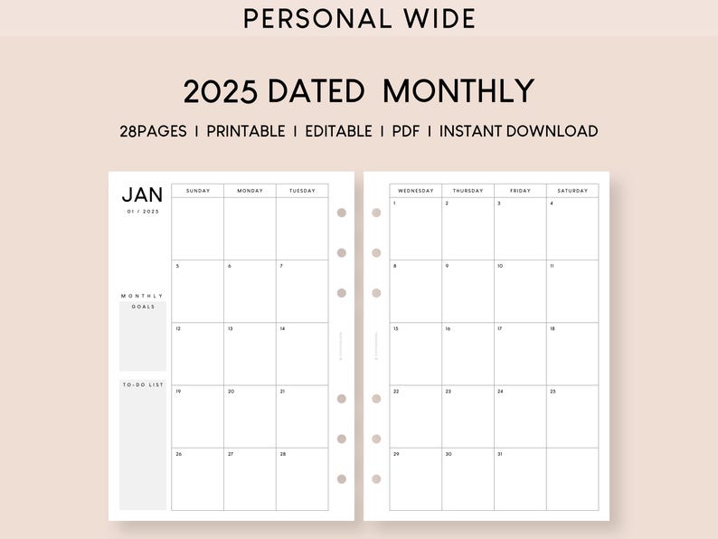 2025 Monthly Calendar Planner Insert: Personal Wide, Minimal Grid ...