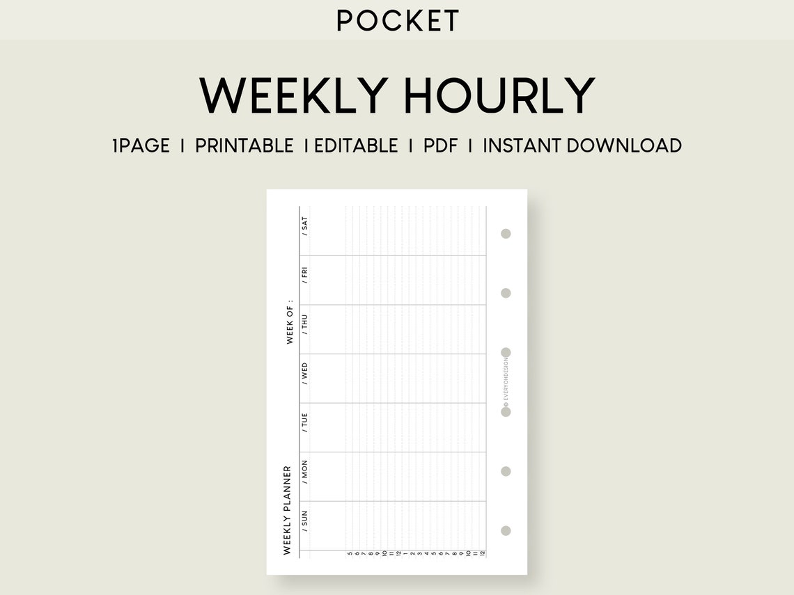 Pocket Hourly Weekly Planner Horizontal Printable Insert Template ...