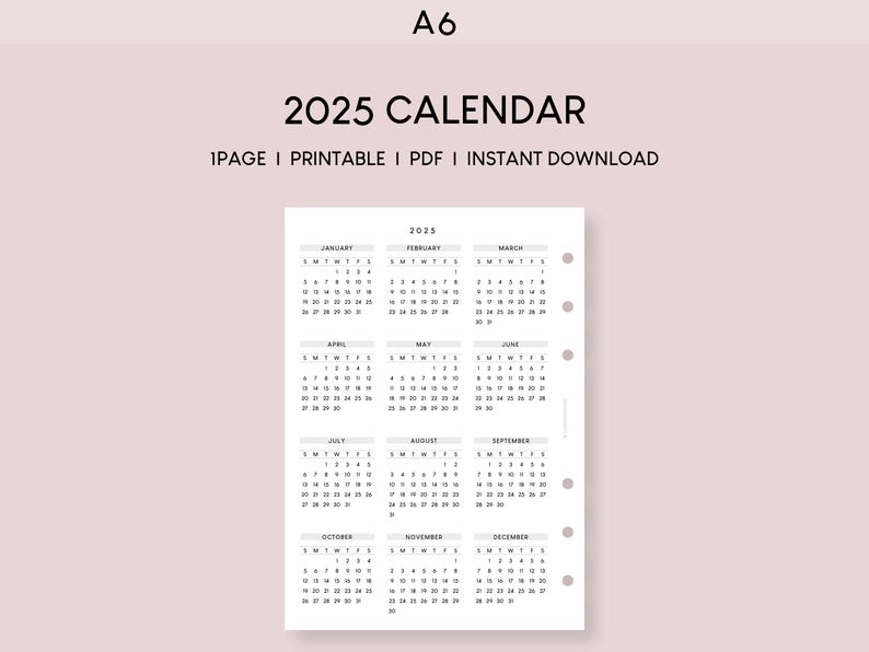 A6 2025 Calendar Overview Printable Insert | Dated Yearly Planner ...