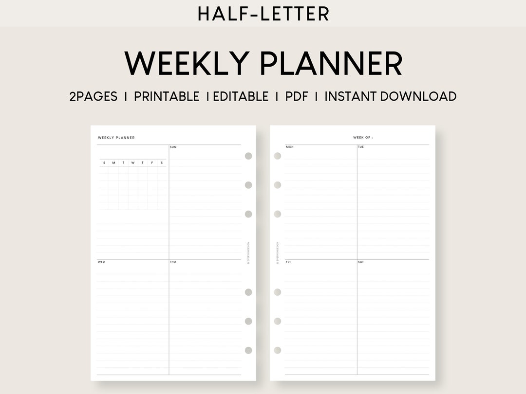 Weekly Planner Printable With Calendar Half Letter Inserts | Week ON ...