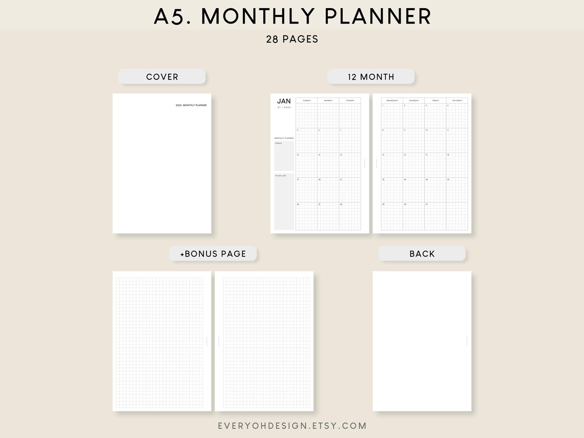 A5 2025 Monthly Calendar Printable: Grid Planner (editable PDF) - Etsy