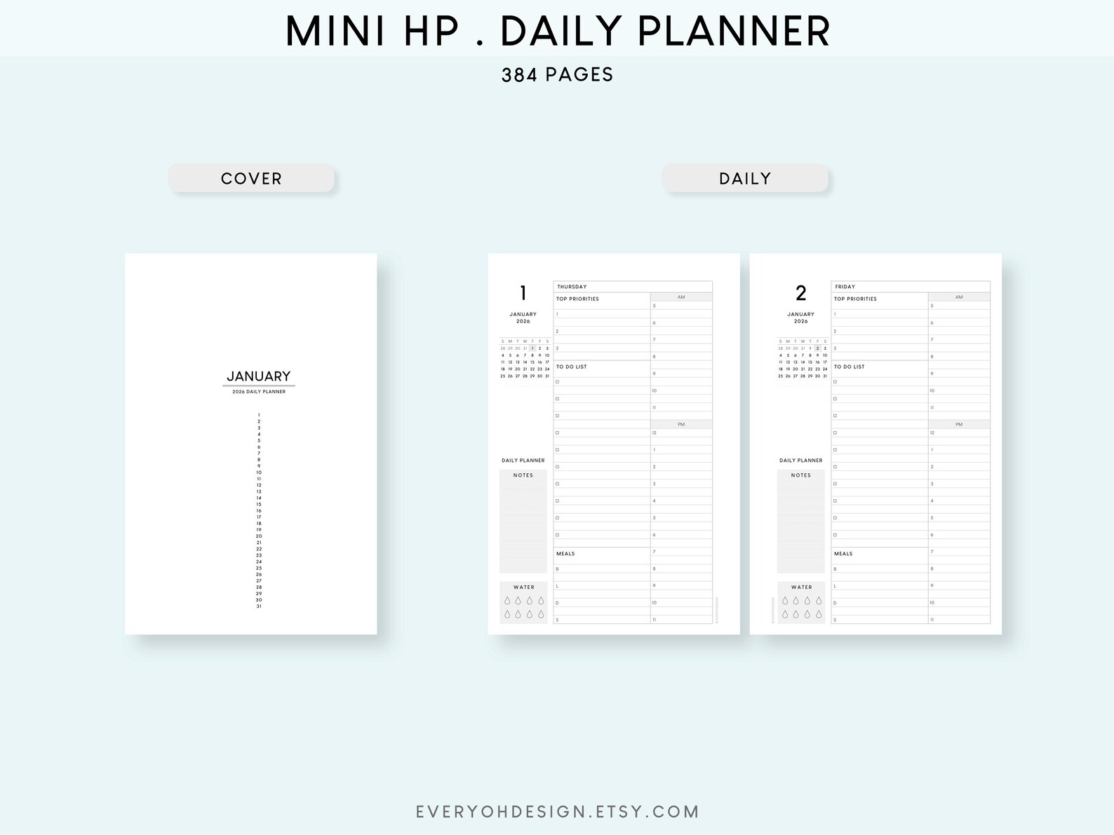 2026 Daily Planner Mini Happy Planner Printable Inserts: Hourly ...