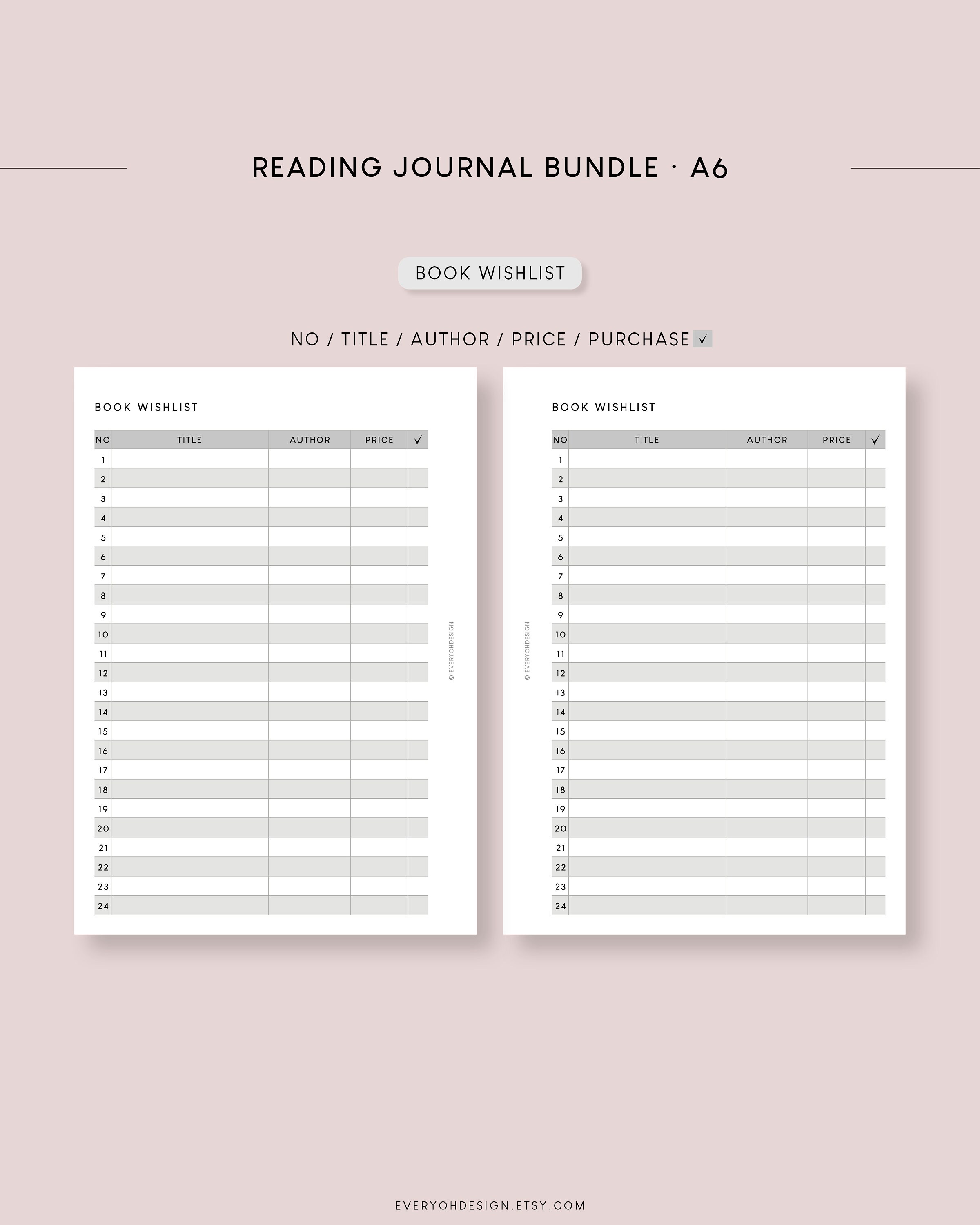 A6 Reading Journal Bundle Printable Inserts Minimalist Book Planner ...