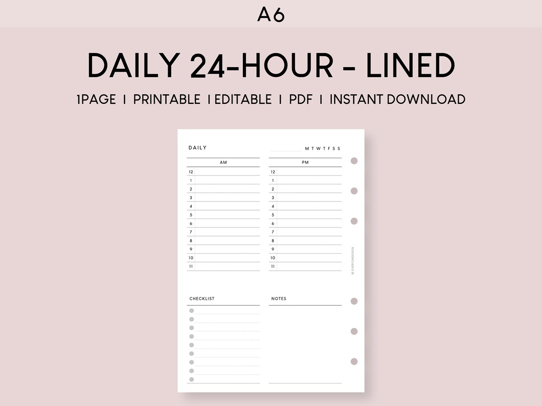 Daily 24-hour Planner Printable Inserts | Editable Undated Day Schedule ...