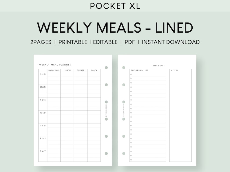 Pocket Plus Meal Planner Printable Inserts Minimal Menu - Etsy