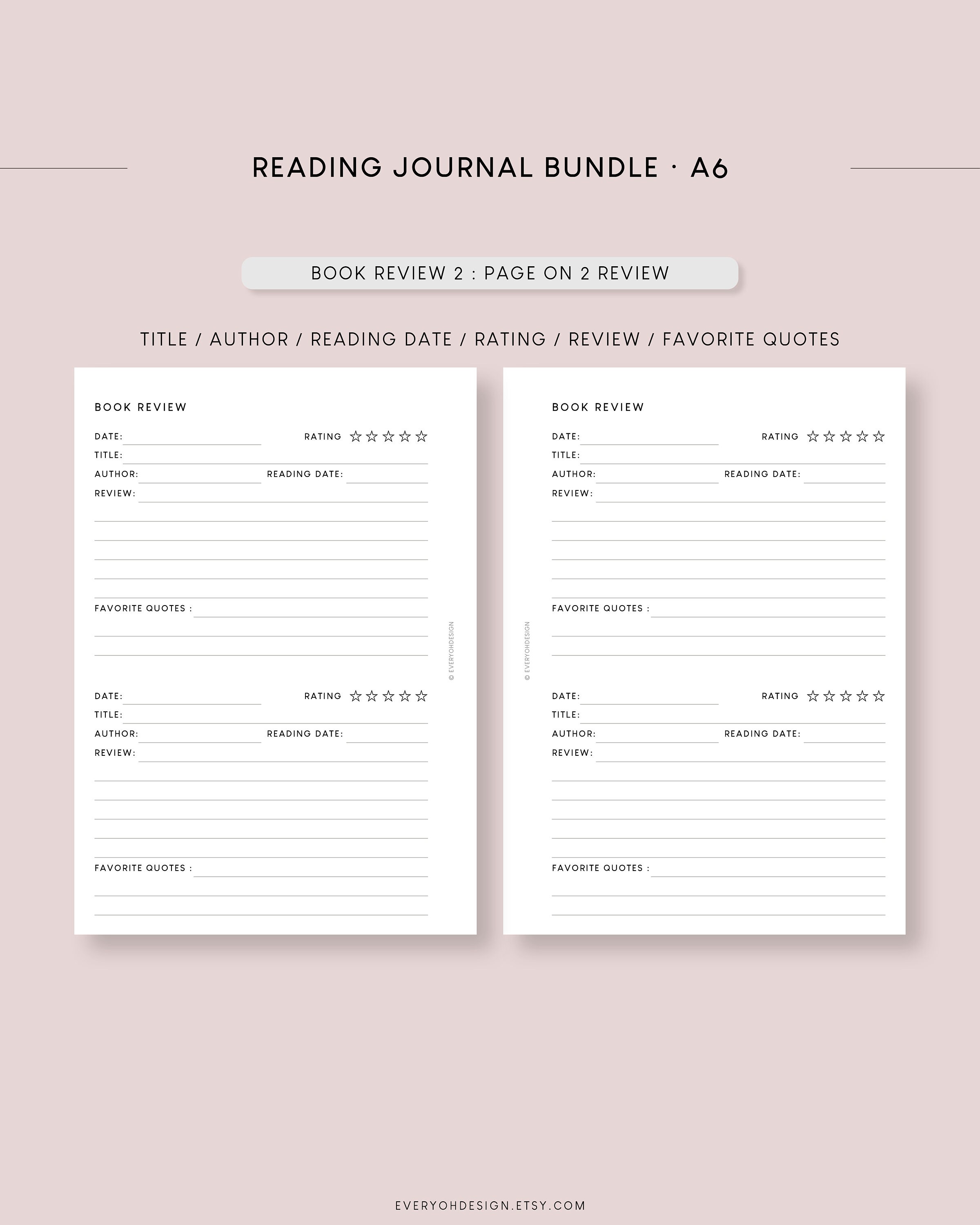 A6 Reading Journal Bundle Printable Inserts | Minimalist Book Planner ...