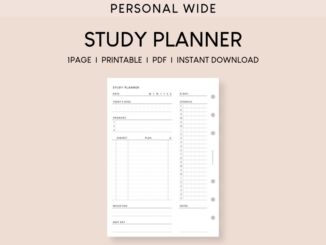 Study Planner Personal Wide Printable Insert | Student Schedule ...