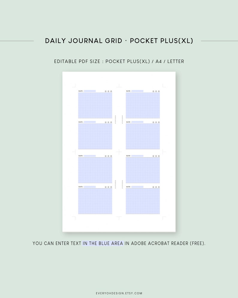 Pocket Plus(xl) Daily Journal Grid Printable Insert | Undated Diary ...