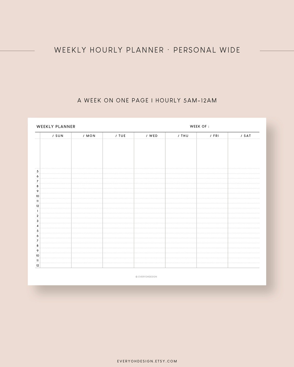 Personal Wide Hourly Weekly Planner Timetable Printable Insert Week ...