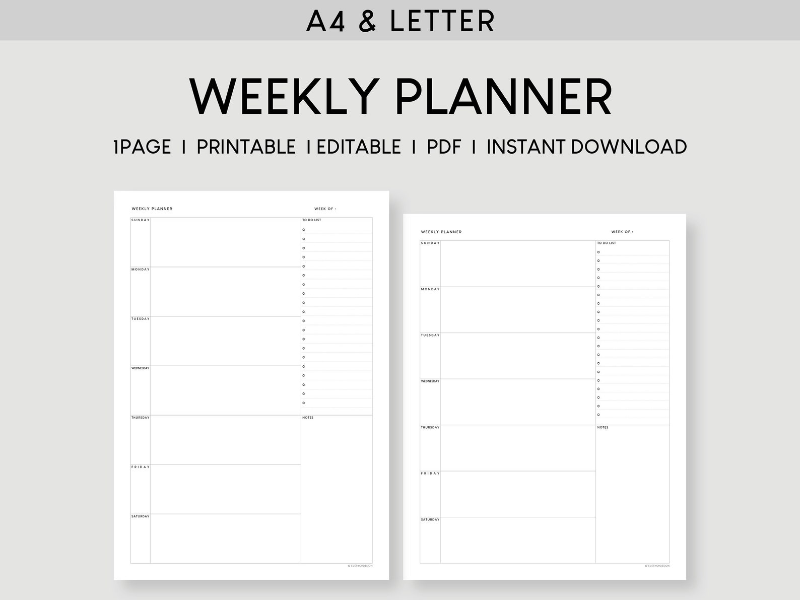 Undated Weekly Planner 1 Page A4 Letter Printable | Editable Week at a ...