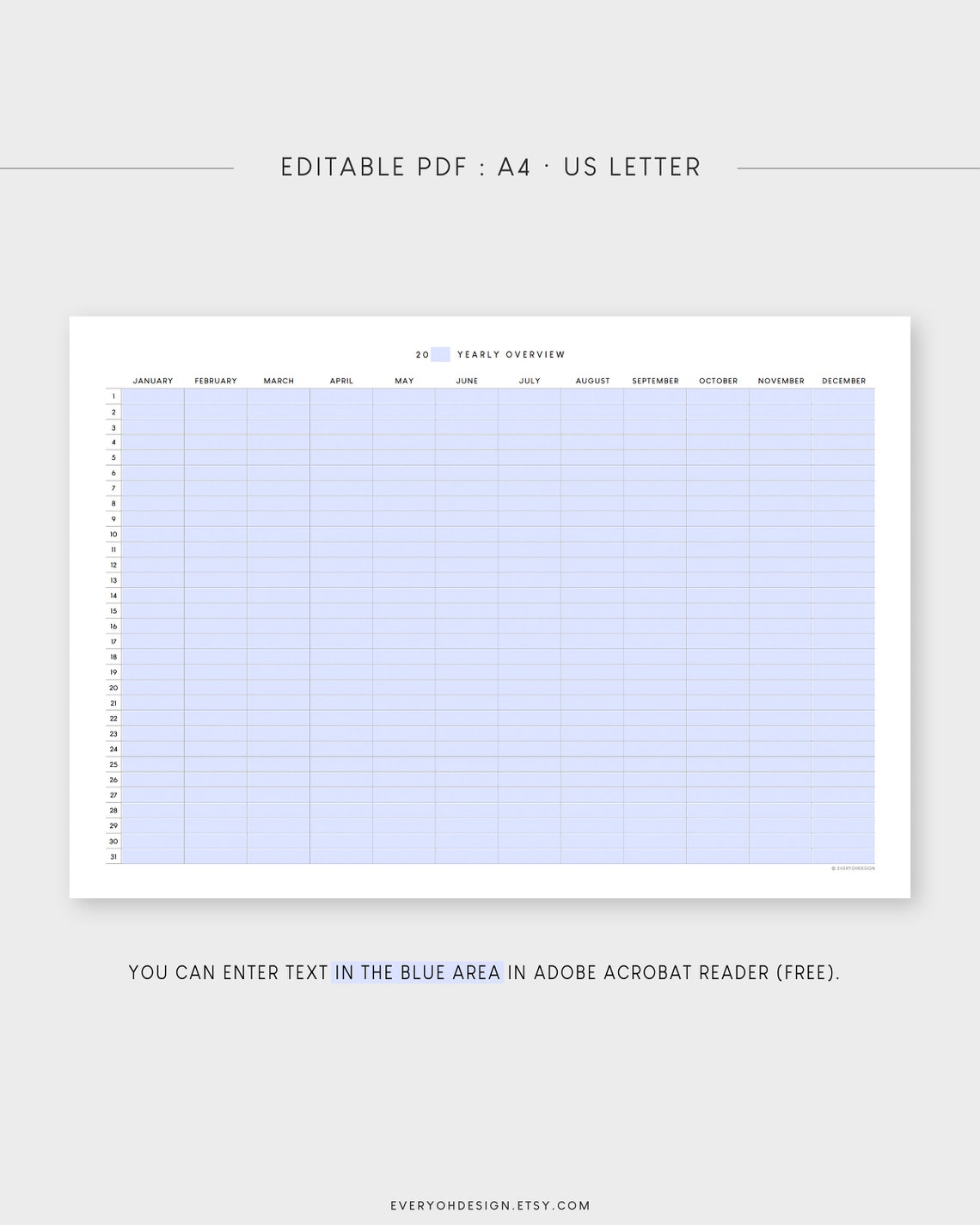 A4 & Letter Yearly Overview Planner Minimalist Printable Inserts 365 ...