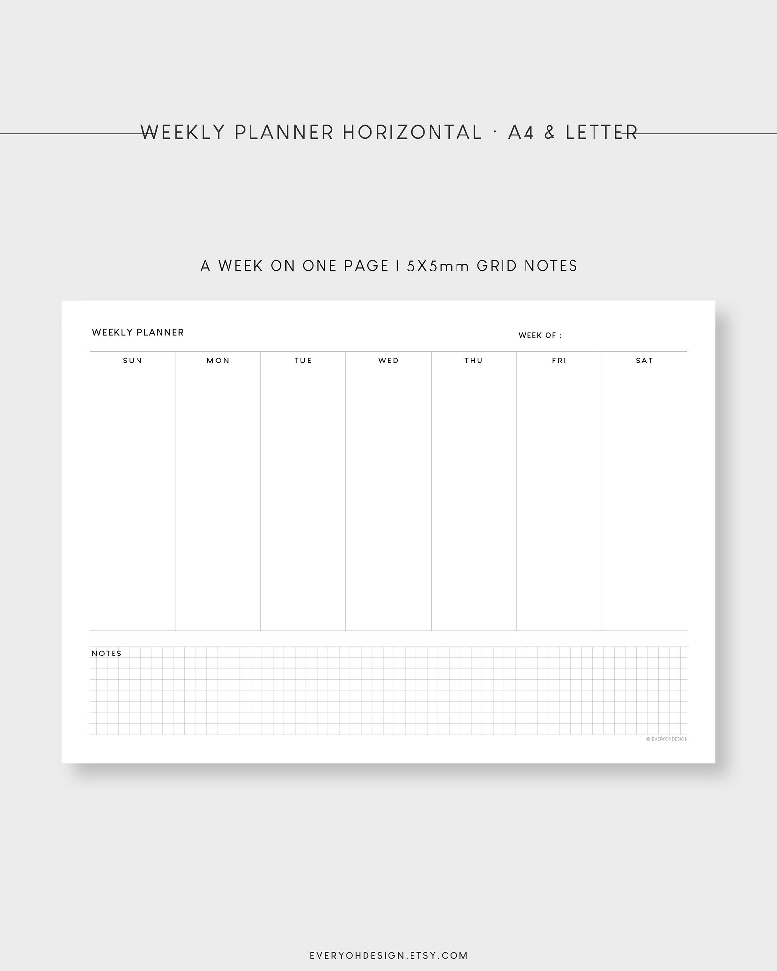 Weekly Horizontal Printable Planner A4 & Letter | Editable Week on One ...