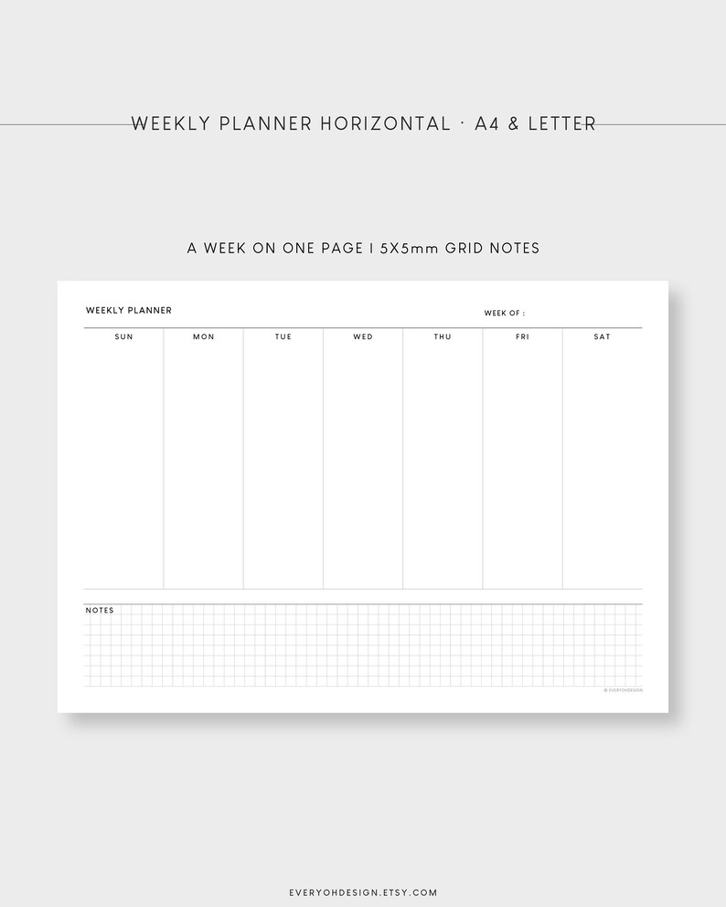 Weekly Horizontal Printable Planner A4 & Letter | Editable Week on One ...