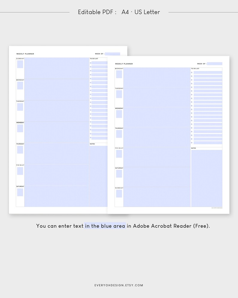 Undated Weekly Planner 1 Page A4 Letter Printable | Editable Week at a ...