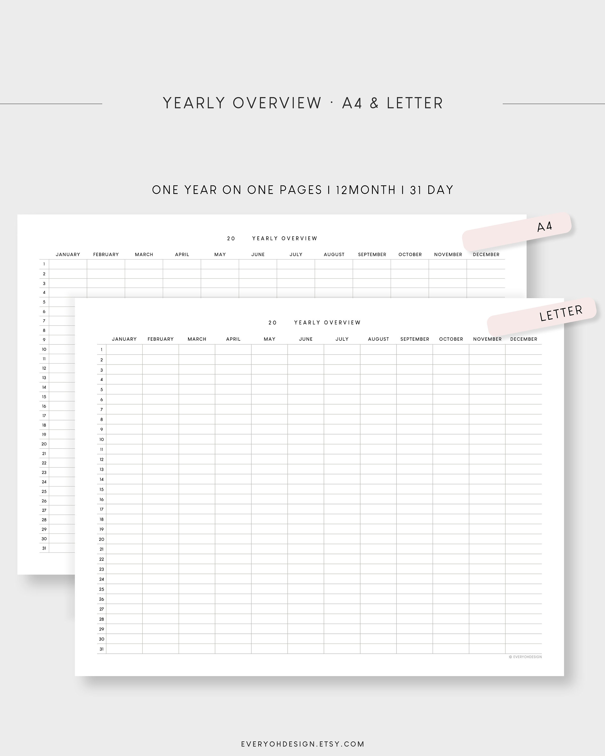 A4 & Letter Yearly Overview Planner Minimalist Printable Inserts 365 ...