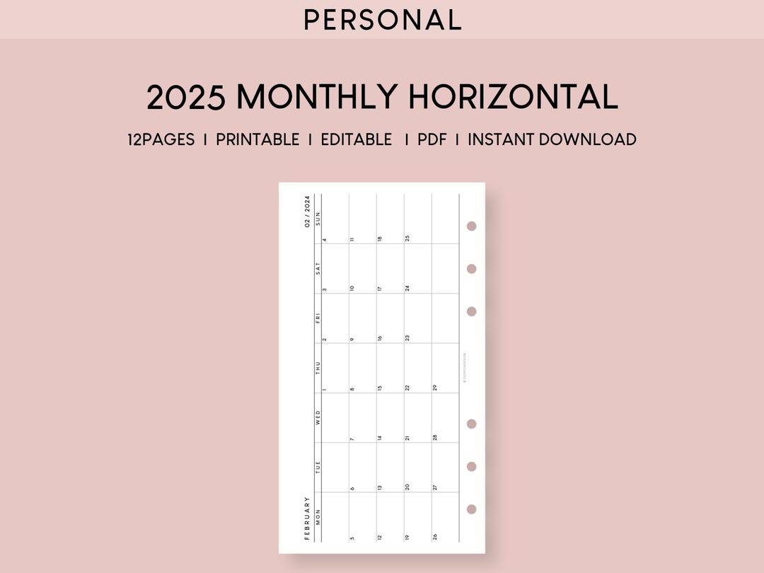 Printable 2025 Monthly Planner Horizontal Inserts | Dated Calendar ...