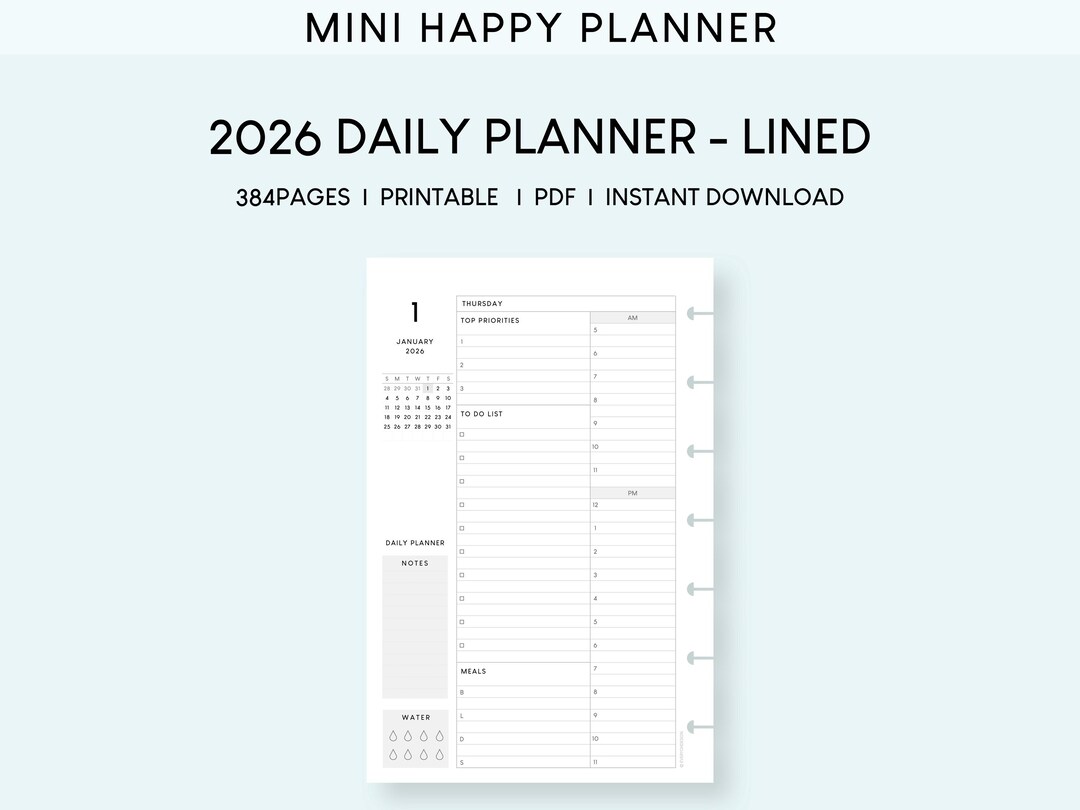 2026 Daily Planner Mini Happy Planner Printable Inserts: Hourly ...