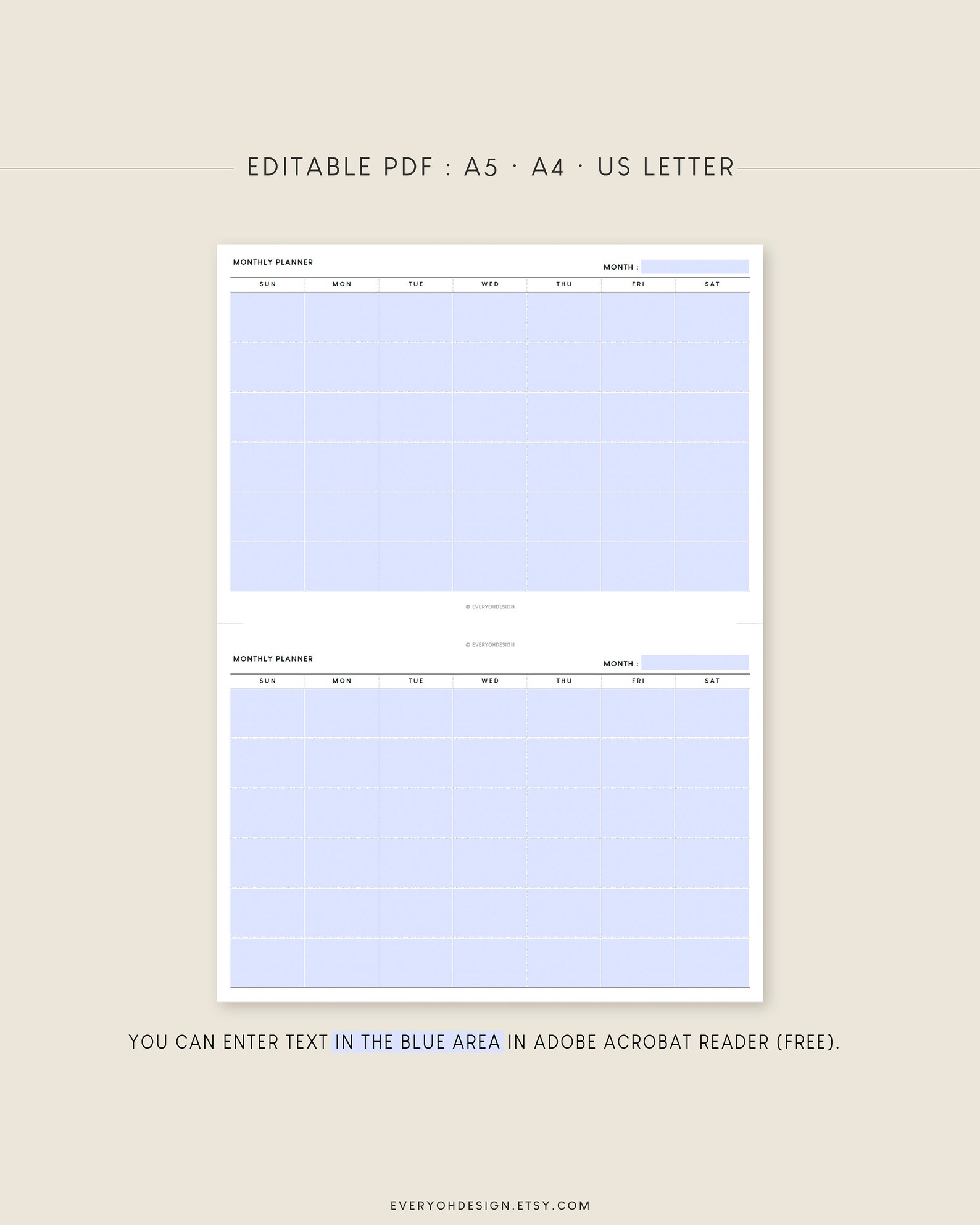 Monthly Planner Horizontal A5 Insert Printable Month on One - Etsy