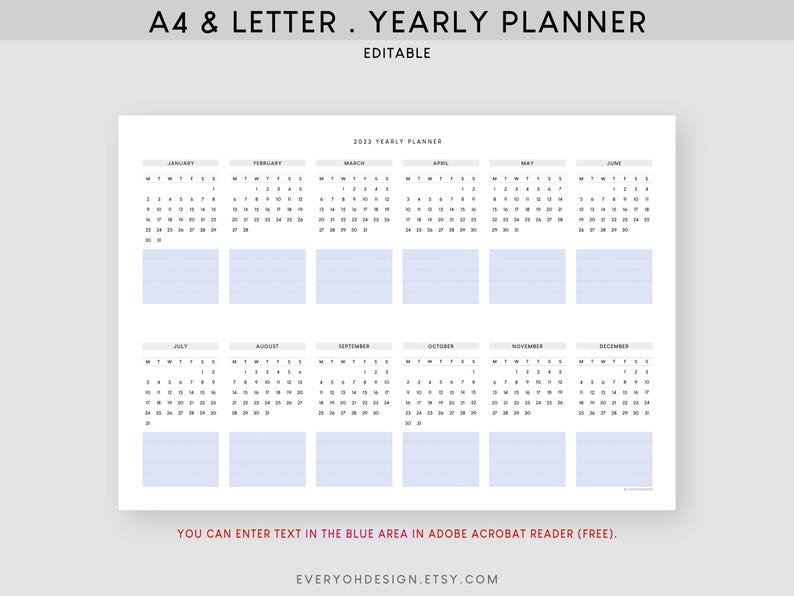 2025 Yearly Planner A4 & Letter | Printable Calendar Template ...