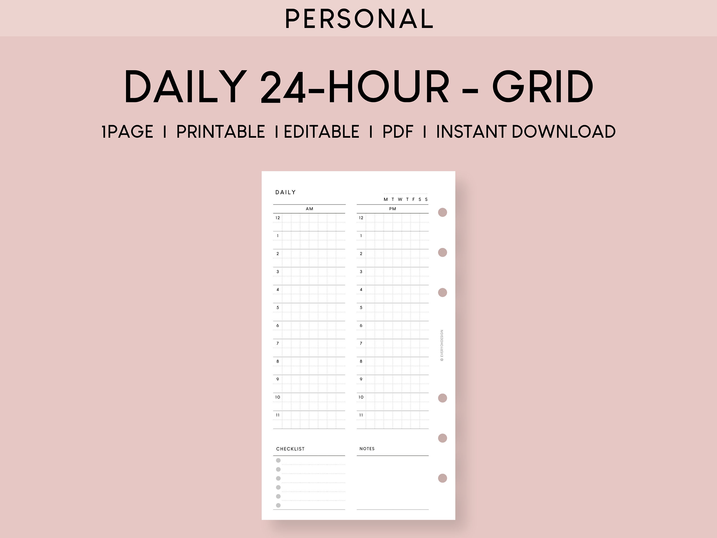 Personal Daily 24 Hour Planner Printable Insert Undated - Etsy