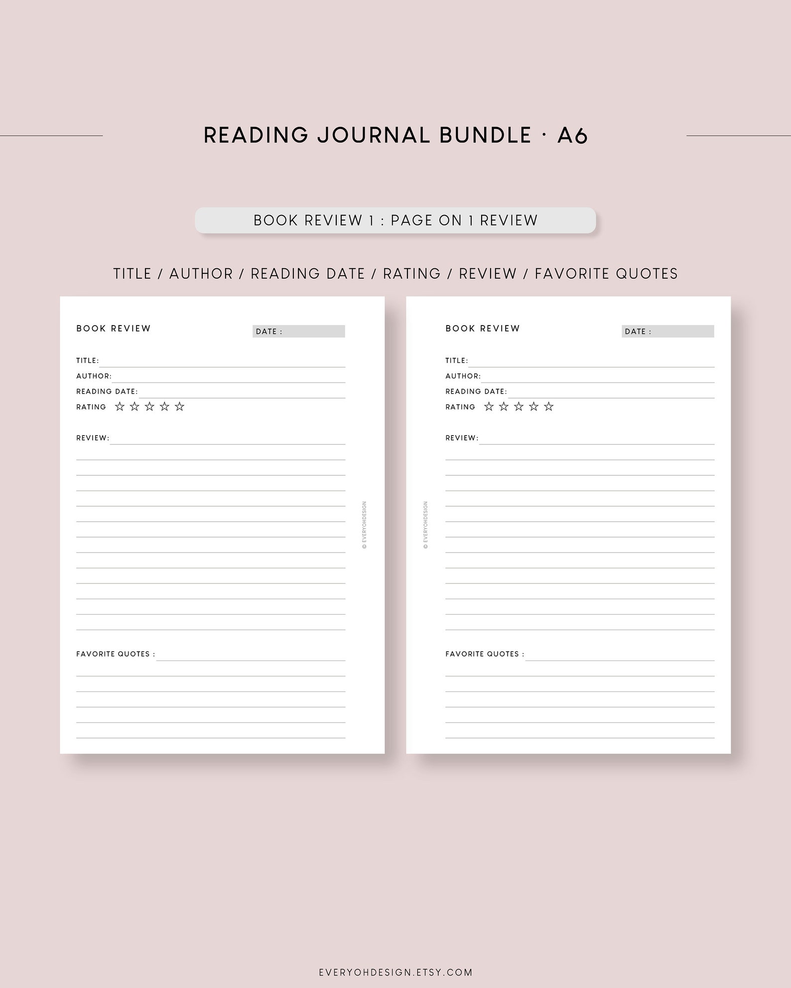 A6 Reading Journal Bundle Printable Inserts | Minimalist Book Planner ...