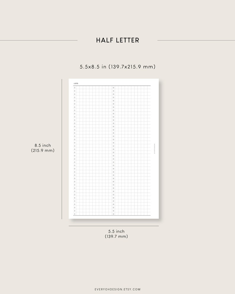 Blank Lists Grid & Lined Half-letter Printable Planner | Minimalist ...