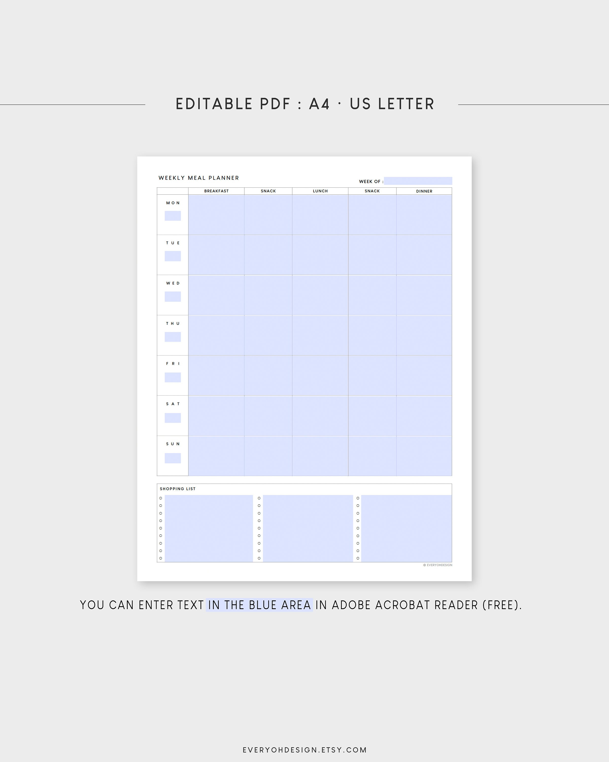 A4 & Letter Weekly Meal Planner Printable Menu List Inserts - Etsy