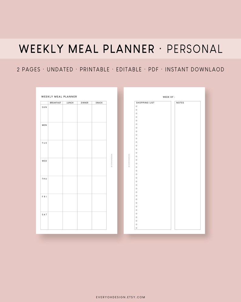 Personal Weekly Meal Planner Printable Inserts Week on Two | Etsy