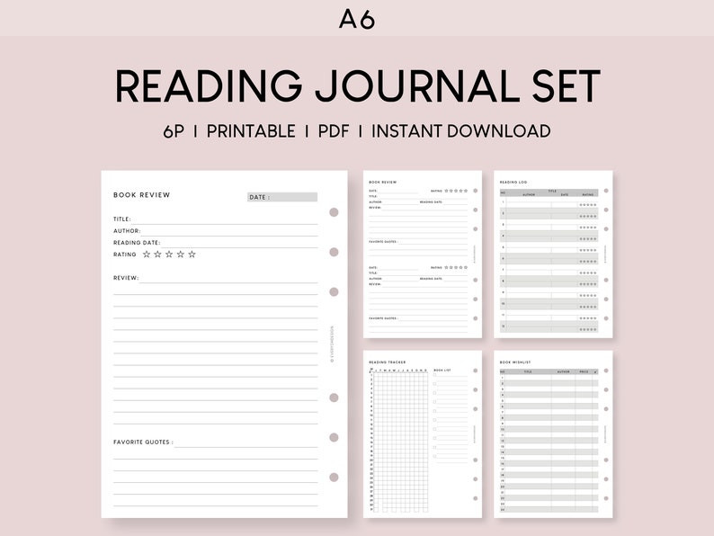 A6 Reading Journal Bundle Printable Inserts Minimalist Book Planner ...