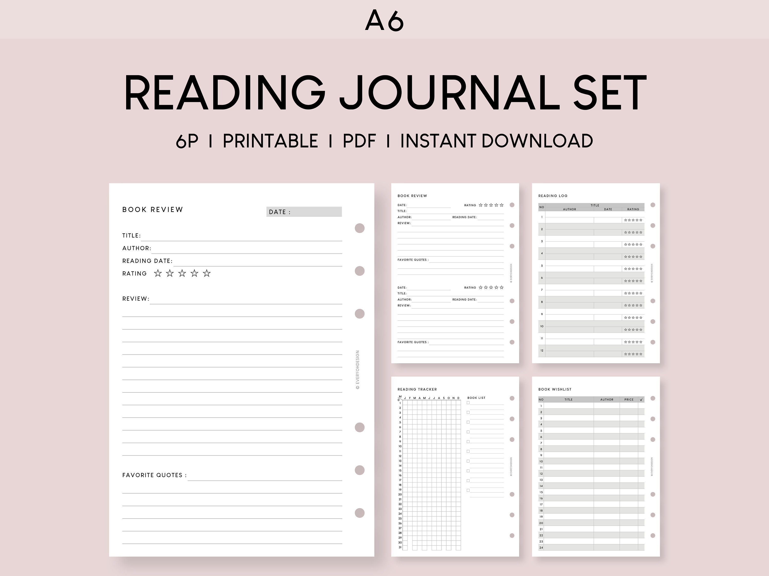 A6 Reading Journal Bundle Printable Inserts | Minimalist Book Planner ...