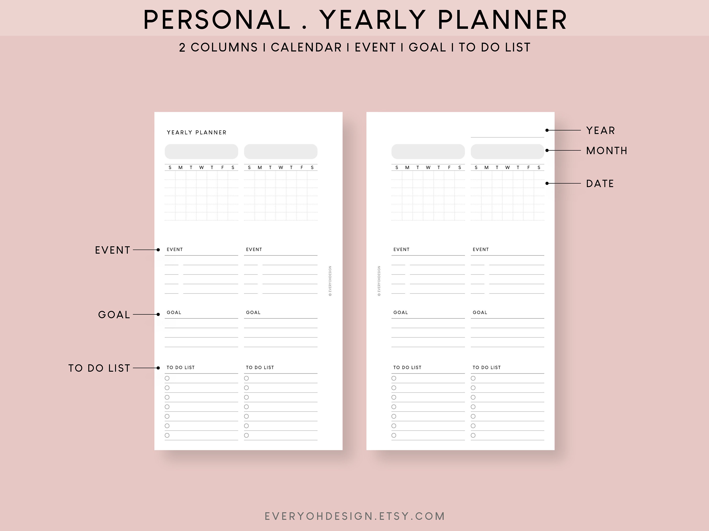 Personal Yearly Planner Printable Inserts: Minimalist Organizer (PDF ...