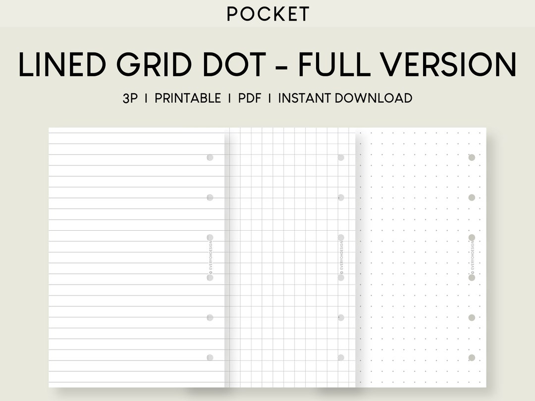 Pocket Printable Inserts: Lined, Grid, Dot Paper (PDF Pattern) - Etsy