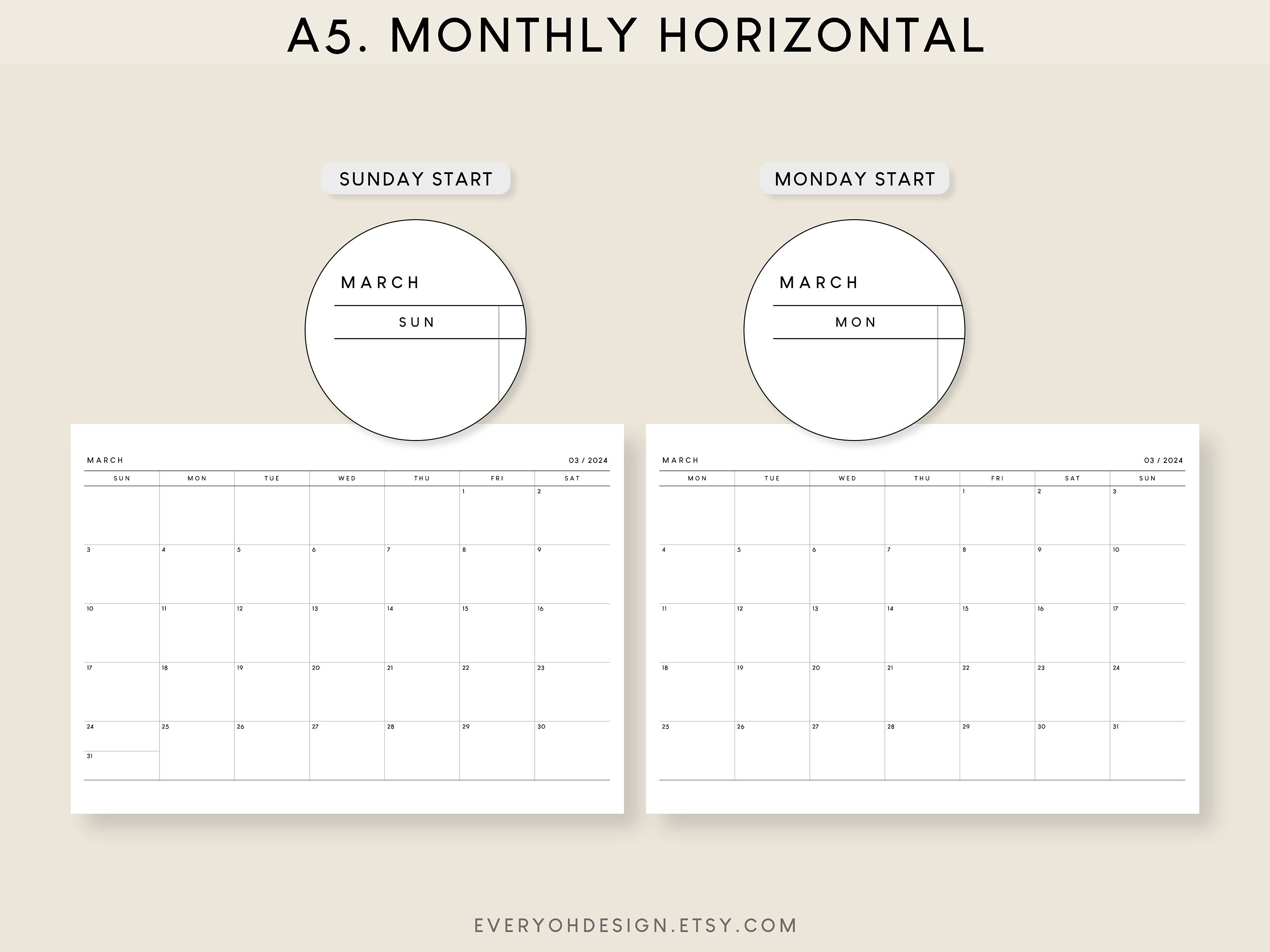 2024 Monthly Planner A5 Printable Inserts Horizontal Calendar 12 Pages ...