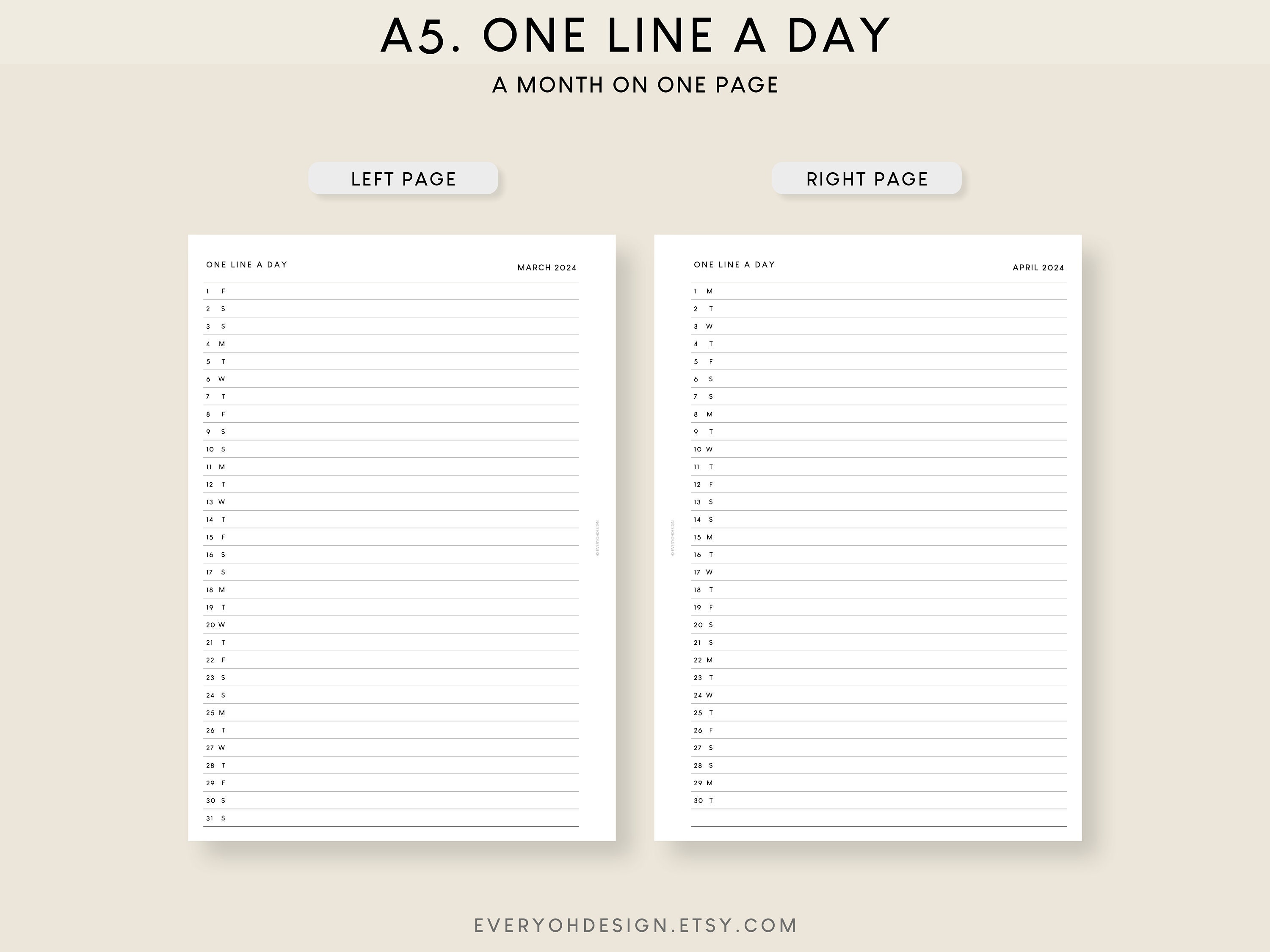 2024 Dated One Line A Day A5 Printable Inserts Gratitude Journal ...