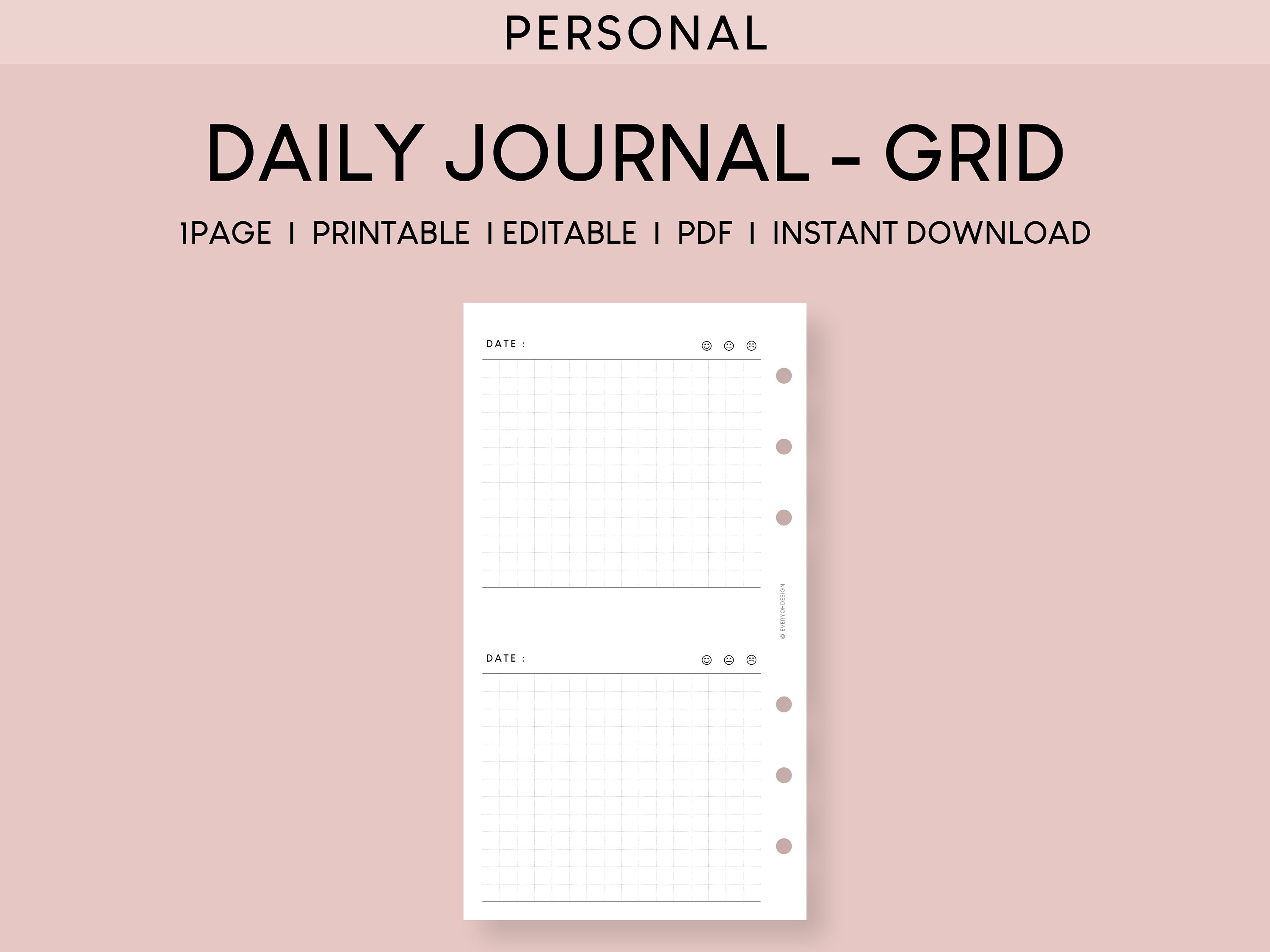 Personal Diary Template: Daily Grid Journal Insert (printable, Editable ...