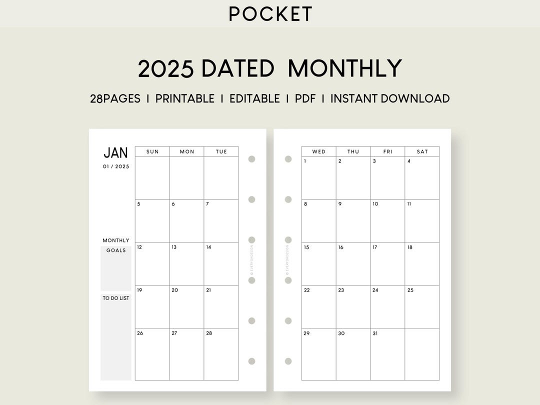 Pocket 2025 Monthly Planner Printable Insert | Dated Calendar Blank ...