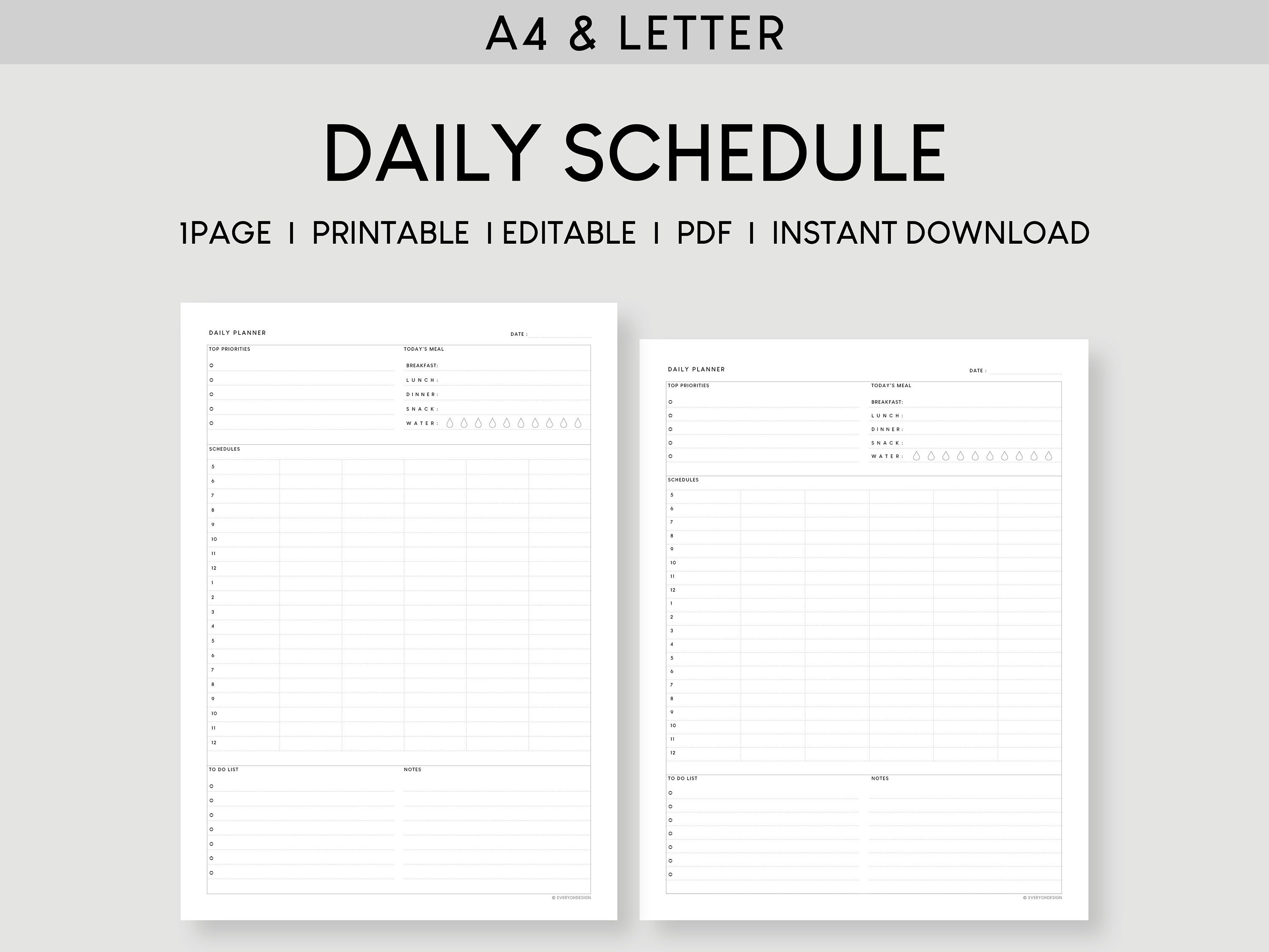 Daily Planner A4 Letter Printable Template Editable Undated Planner ...