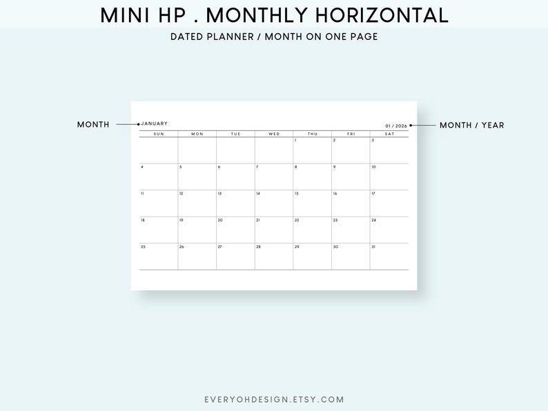 2026 Monthly Planner Printable Inserts: Mini HP Horizontal (printable ...